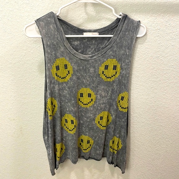 Tops | Smiley Face Black Washed Tank | Poshmark
